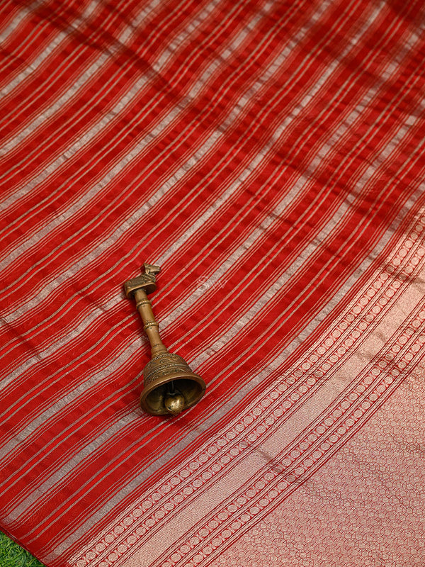 Red Stripe Silk Handloom Banarasi Saree - Sacred Weaves