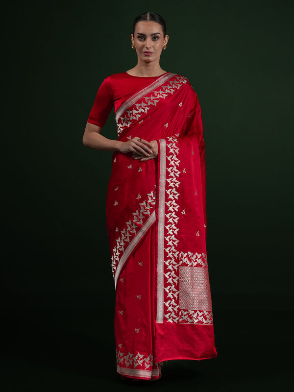 Red Shikargah Boota Satin Silk Handloom Banarasi Saree– Sacred Weaves