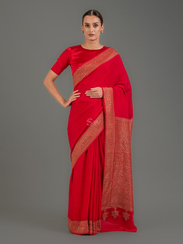 Red Plain Crepe Silk Handloom Banarasi Saree - Sacred Weaves - Sacred ...