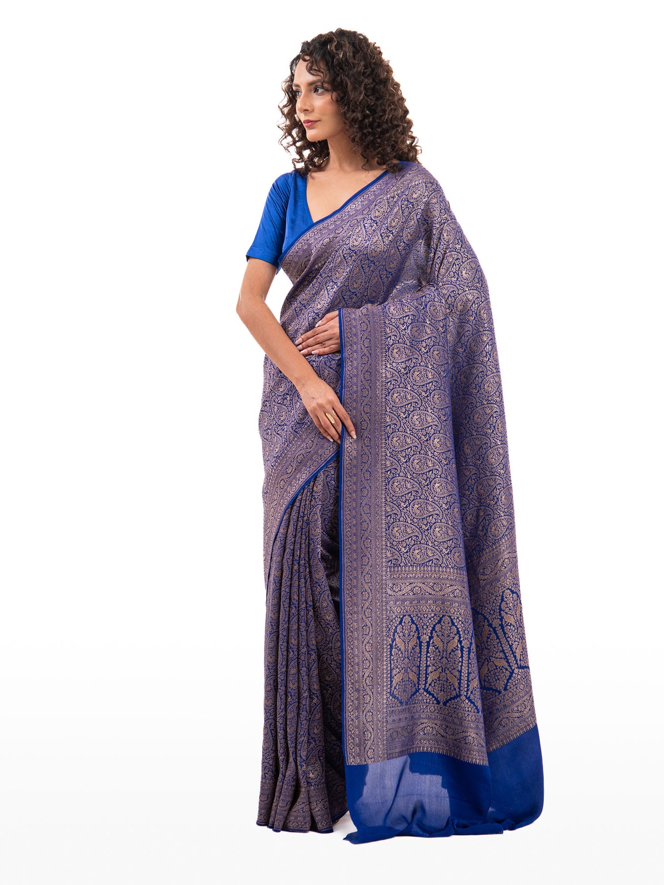 Dark Blue Jaal Crepe Silk Handloom Banarasi Saree– Sacred Weaves